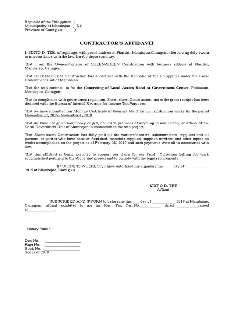 Contractor'S Affidavit: Sixto D. Tee | PDF