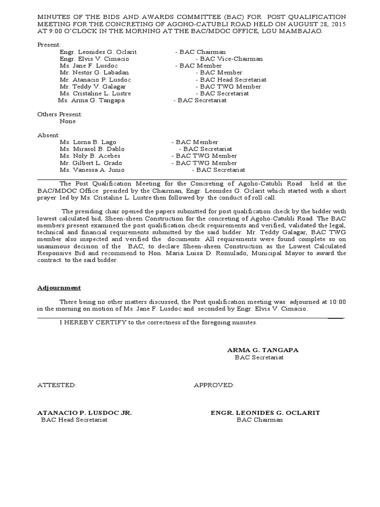 BAC Minutes: Post Qualification Meeting | PDF | Government