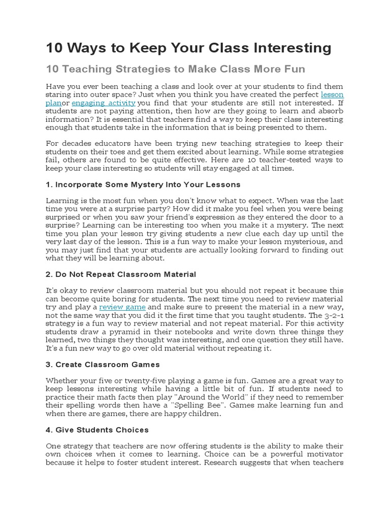 10 Ways To Keep Your Class Interesting | PDF | Classroom | Lesson Plan