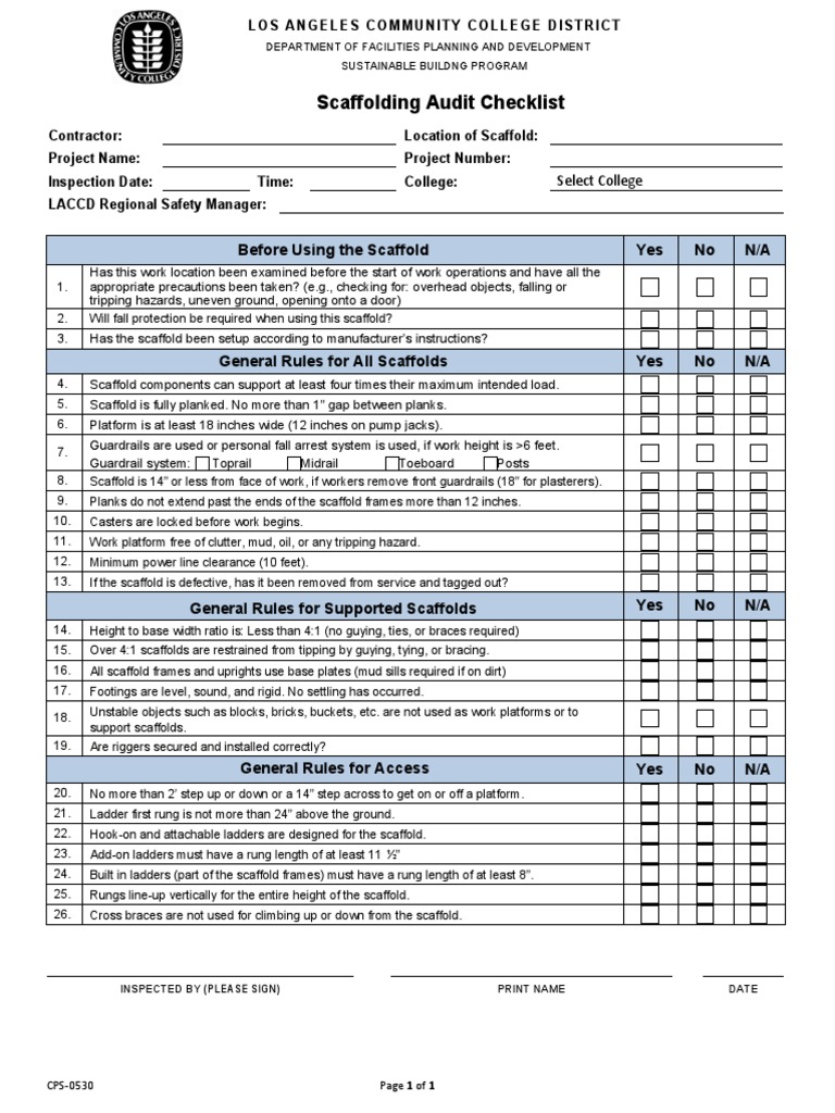 Scaffolding Audit Checklist: Before Using The Scaffold Yes No N/A | PDF ...
