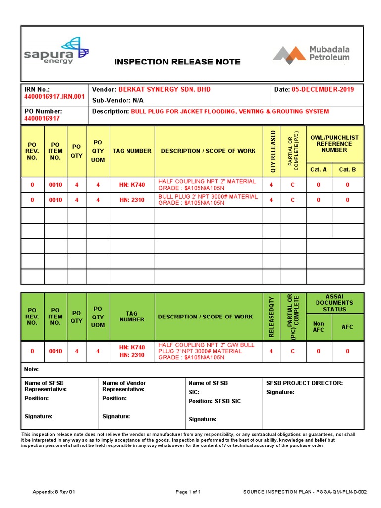Inspection Release Note: IRN No.: Vendor: Sub-Vendor: N/A Date ...