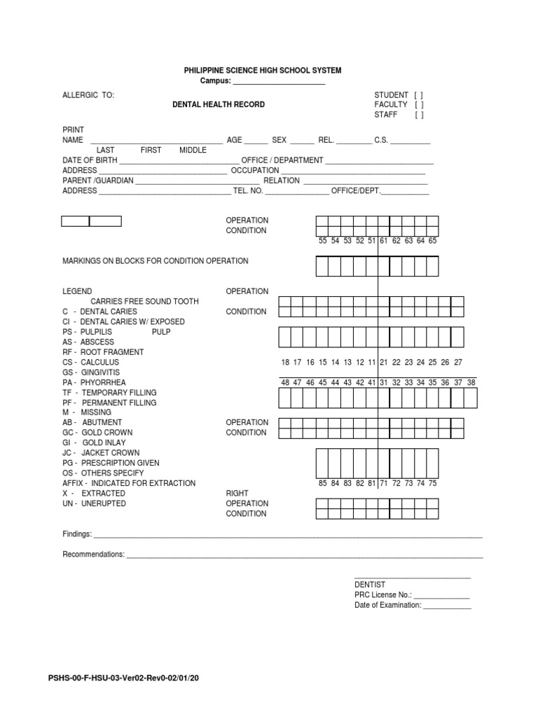 Dental Health Record Form Template | PDF | Face | Animal Anatomy