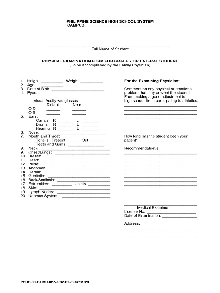 Physical Examination Form Sheet Blank PSHS | PDF | Physical Examination ...