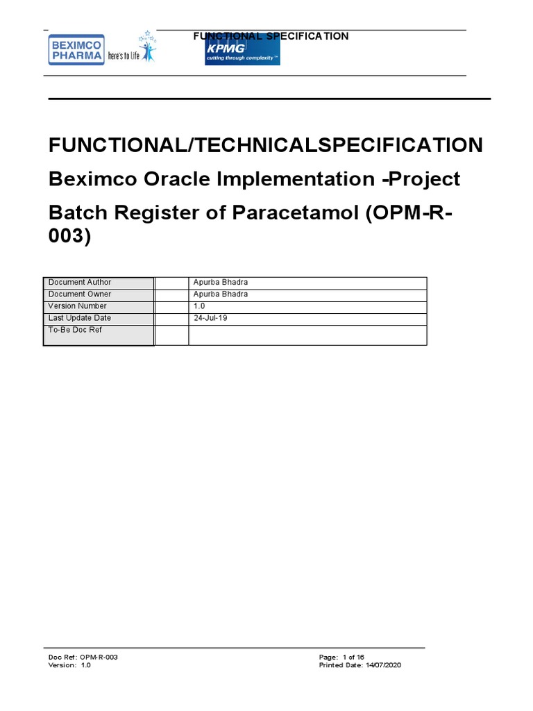 Functional/Technicalspecification Beximco Oracle Implementation - Project Batch Register of ...