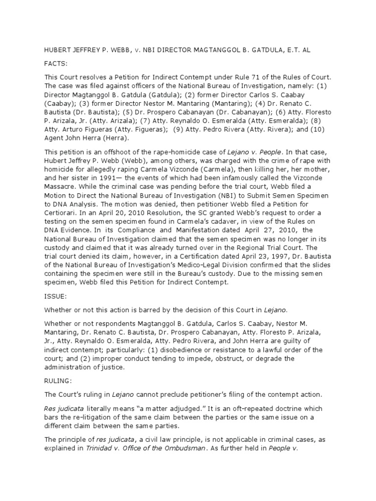 HUBERT JEFFREY P. WEBB v. GATDULA | PDF | Contempt Of Court | Res Judicata
