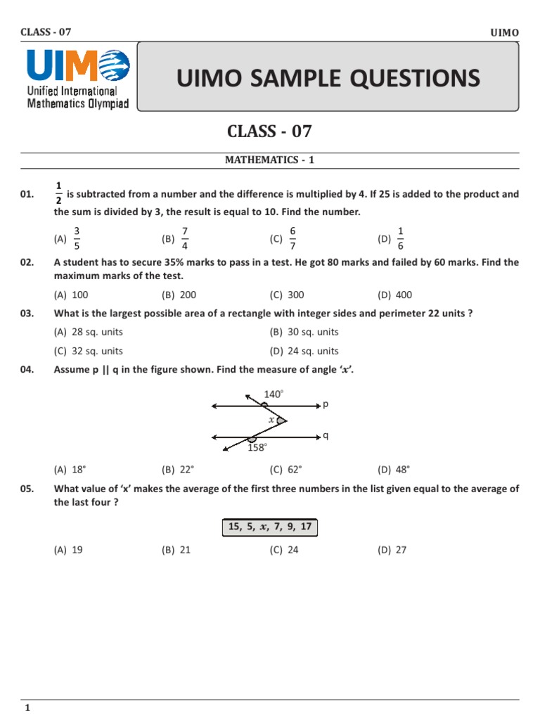 Class - 7 - UIMO - Sample Questions With KEY & Sol. | PDF | Area ...