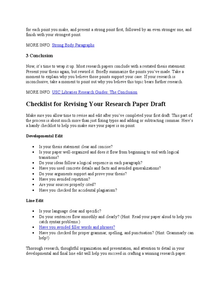 Checklist For Revising Your Research Paper Draft: 3 Conclusion | PDF