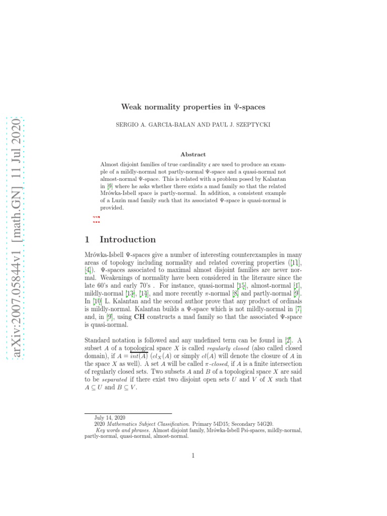 Weak normality properties in Ψ-spaces | PDF | Set (Mathematics) | General Topology