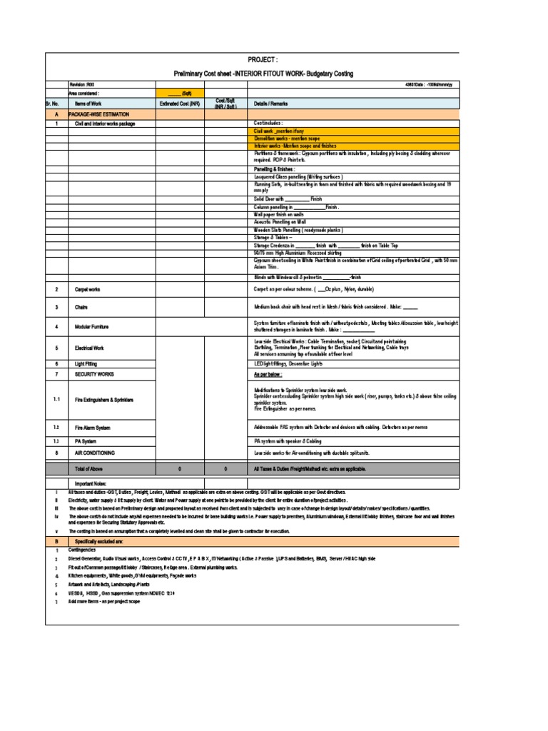Project: Preliminary Cost Sheet - INTERIOR FITOUT WORK-Budgetary ...