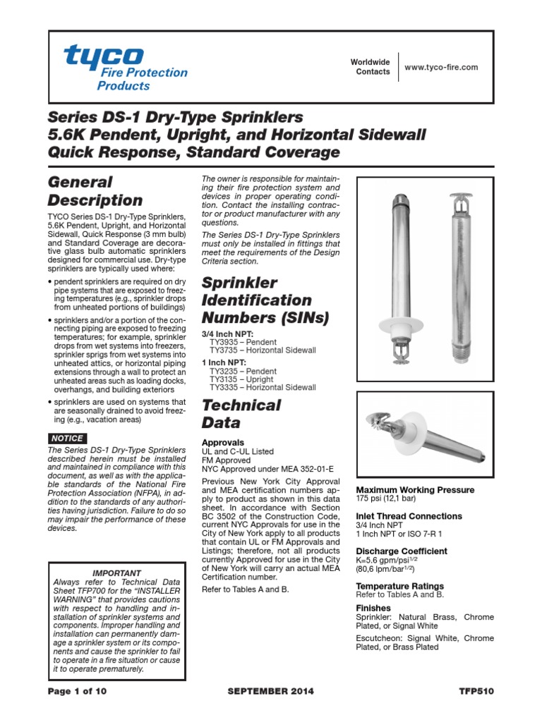 Series DS-1 Dry-Type Sprinklers 5.6K Pendent, Upright, and Horizontal Sidewall Quick Response ...