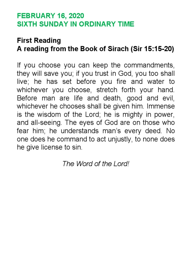 First Reading A Reading From The Book of Sirach (Sir 15:15-20) | PDF ...