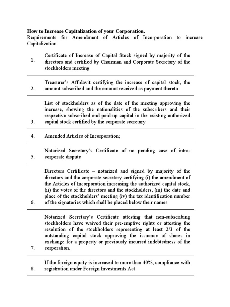Increase Capitalization Requirements Guide | PDF | Stocks | Notary Public