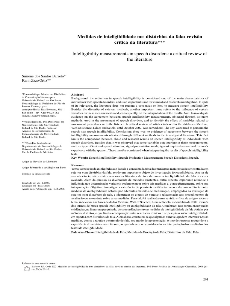 Medidas de Inteligibilidade Da Fala PDF | PDF | Human Communication ...