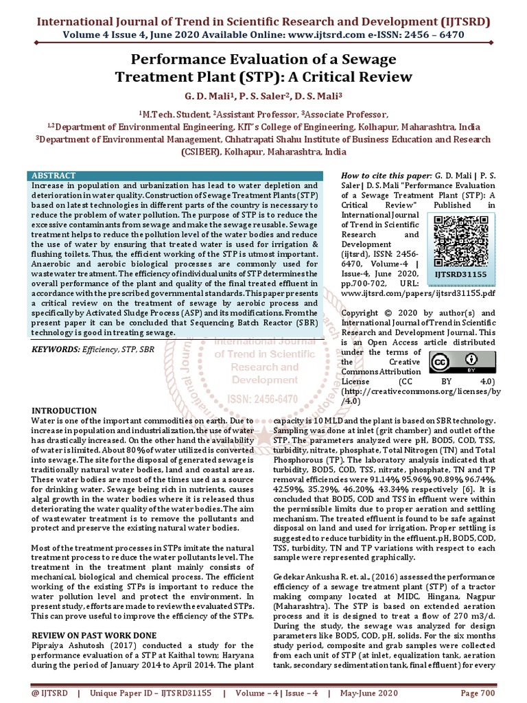 Performance Evaluation of A Sewage Treatment Plant STP A Critical ...
