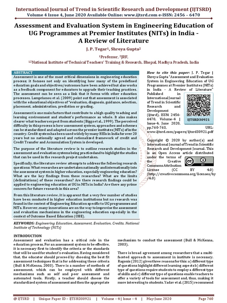 Assessment and Evaluation System in Engineering Education of UG ...