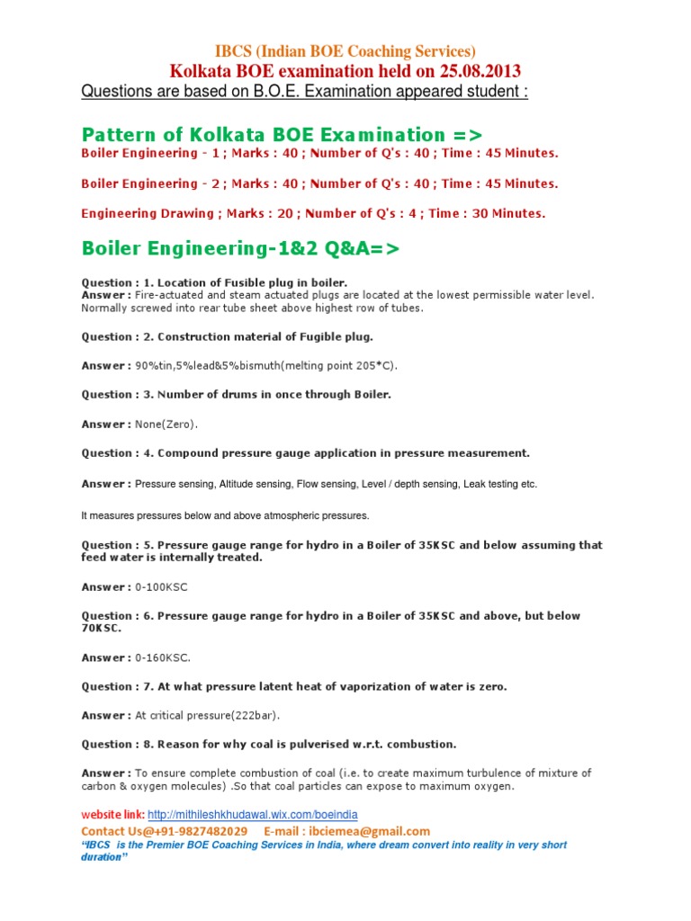 Kolkata BOE Exam Q&A Guide 2013 | PDF | Boiler | Chemical Engineering