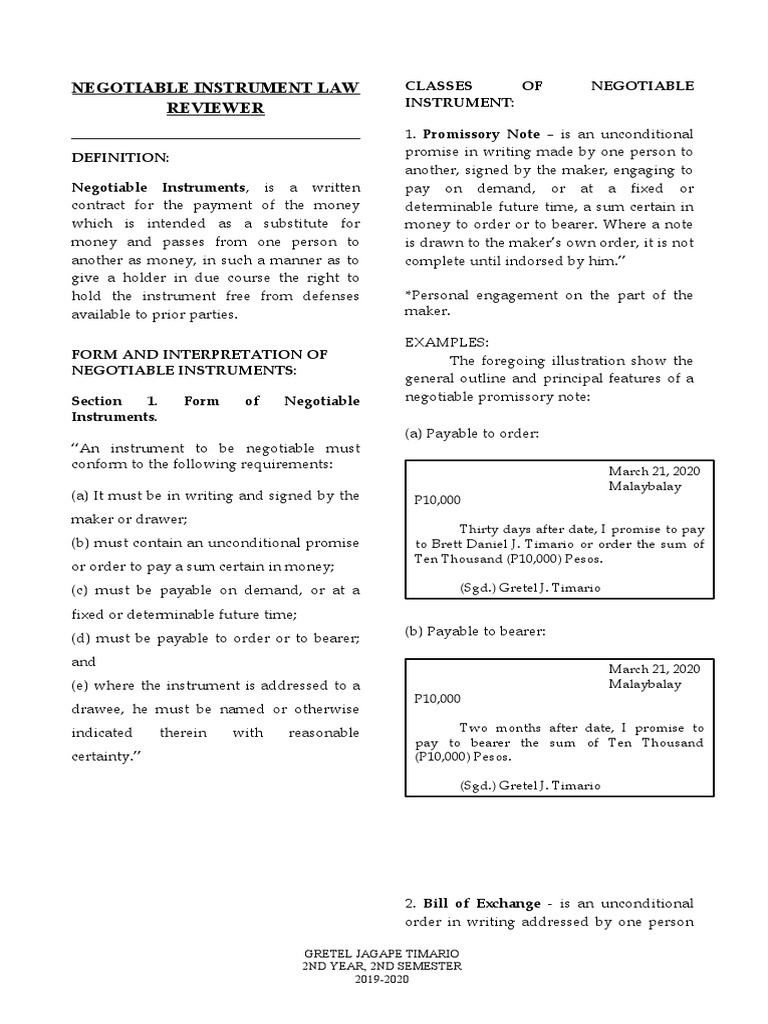 Negotiable Instrument Law Reviewer | PDF | Social Institutions | Social Science