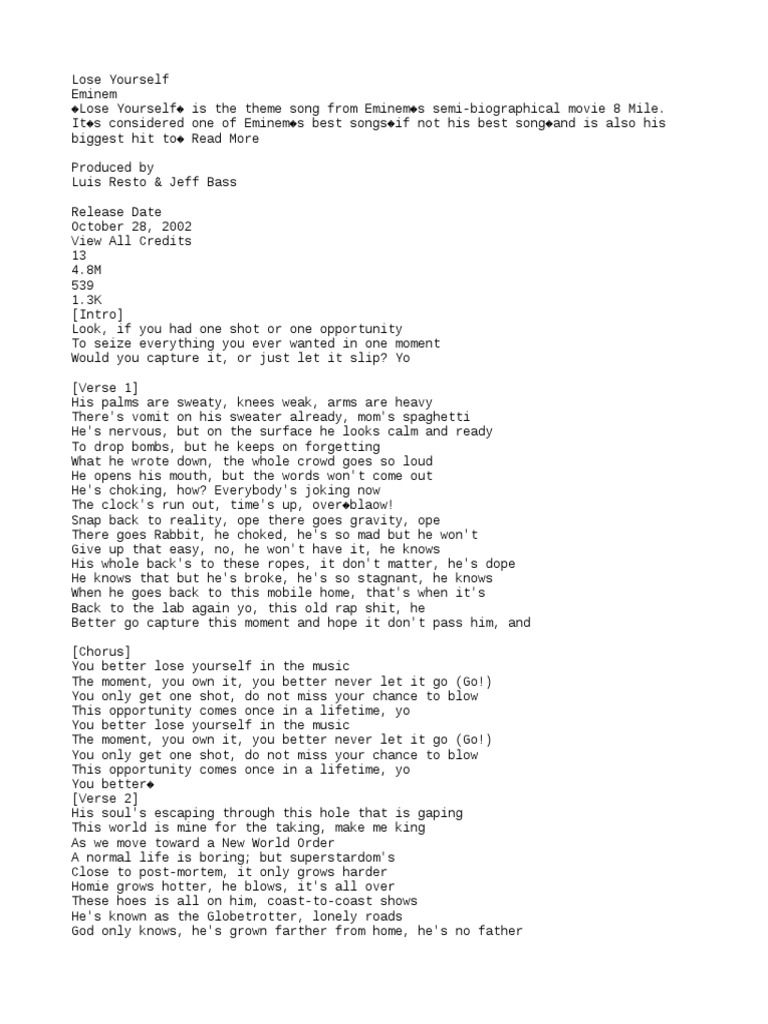 Lose Youself Eminem Lyrics | PDF | Hip Hop | Entertainment (General)