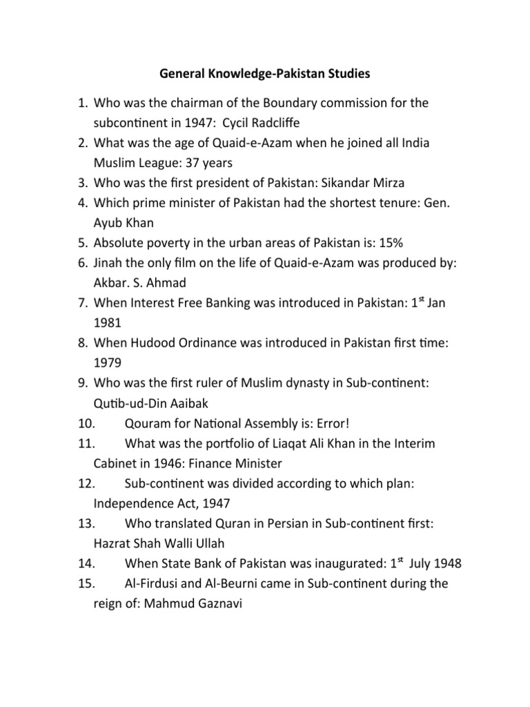 General Knowledge-Pakistan Studies | PDF