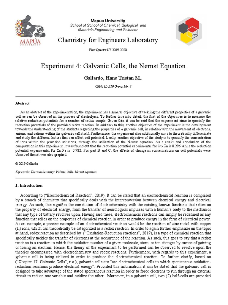 Experiment 4: Galvanic Cells, The Nernst Equation: Chemistry For ...