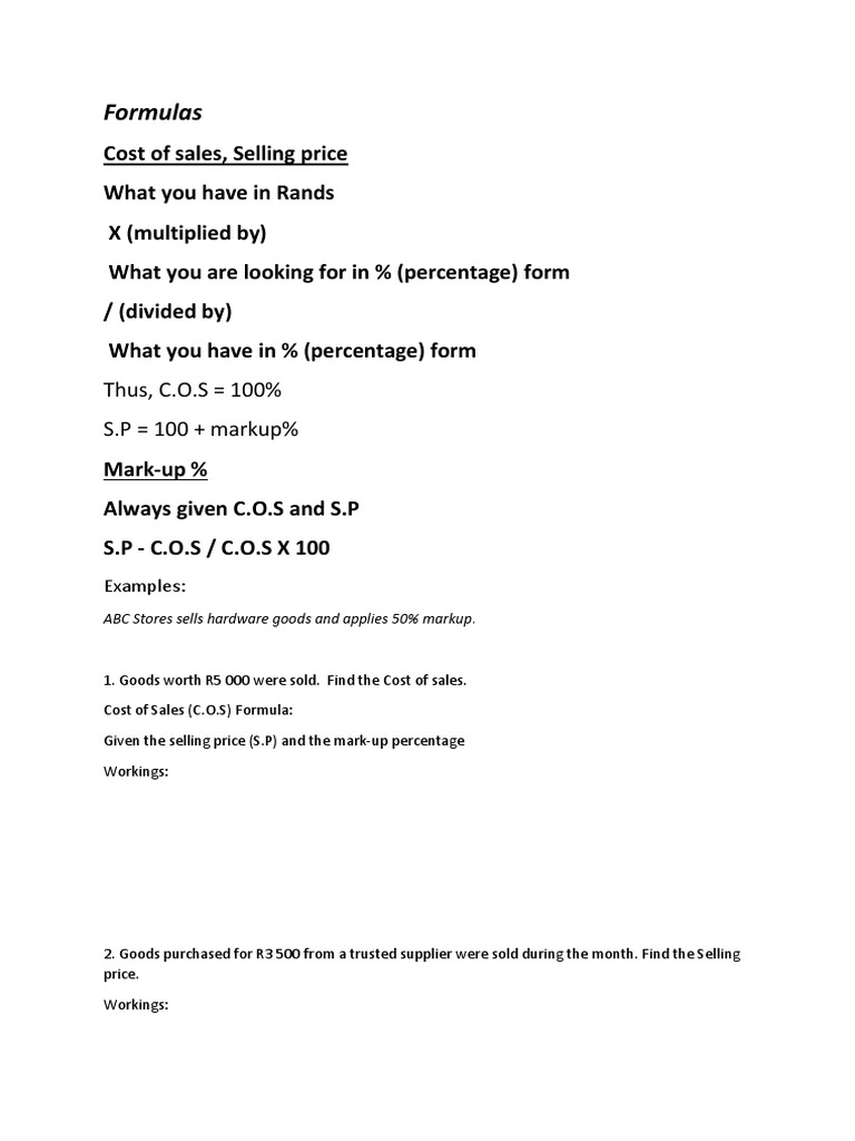 Formulas and calculations for cost of sales and selling price | PDF ...