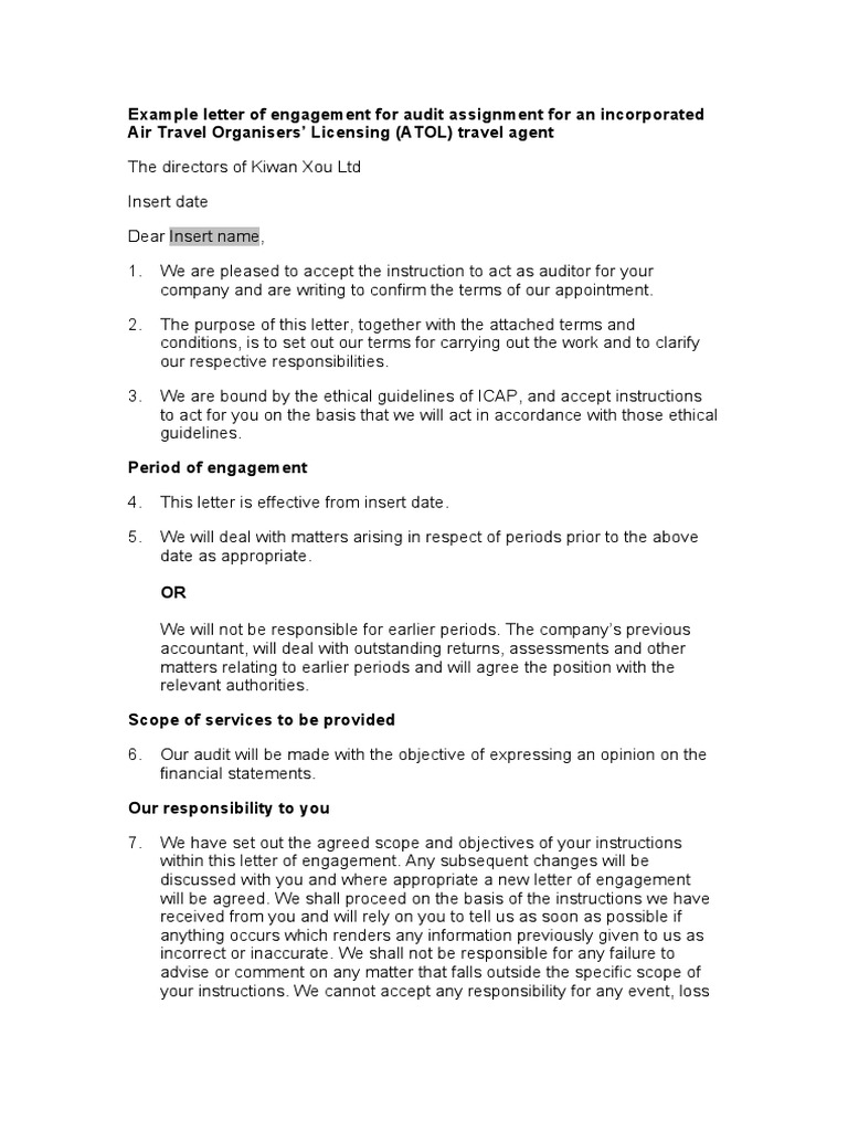 Audit Engagement Letter Sample | PDF | Internal Control | Audit