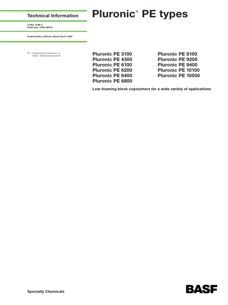 Pluronic PE Types: Technical Information | PDF | Surfactant | Emulsion