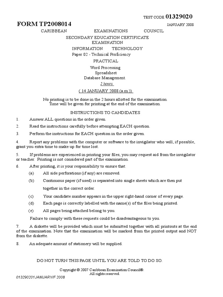 CSEC Information Technology - Practical Paper - January 2008 | PDF ...