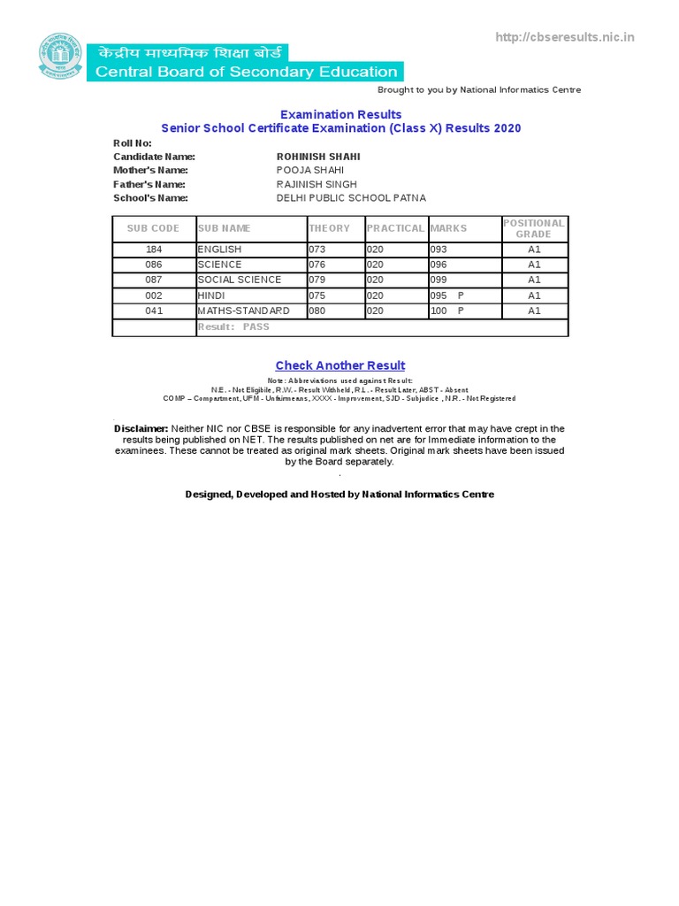 CBSE - Senior School Certificate Examination (Class XII) Results 2020