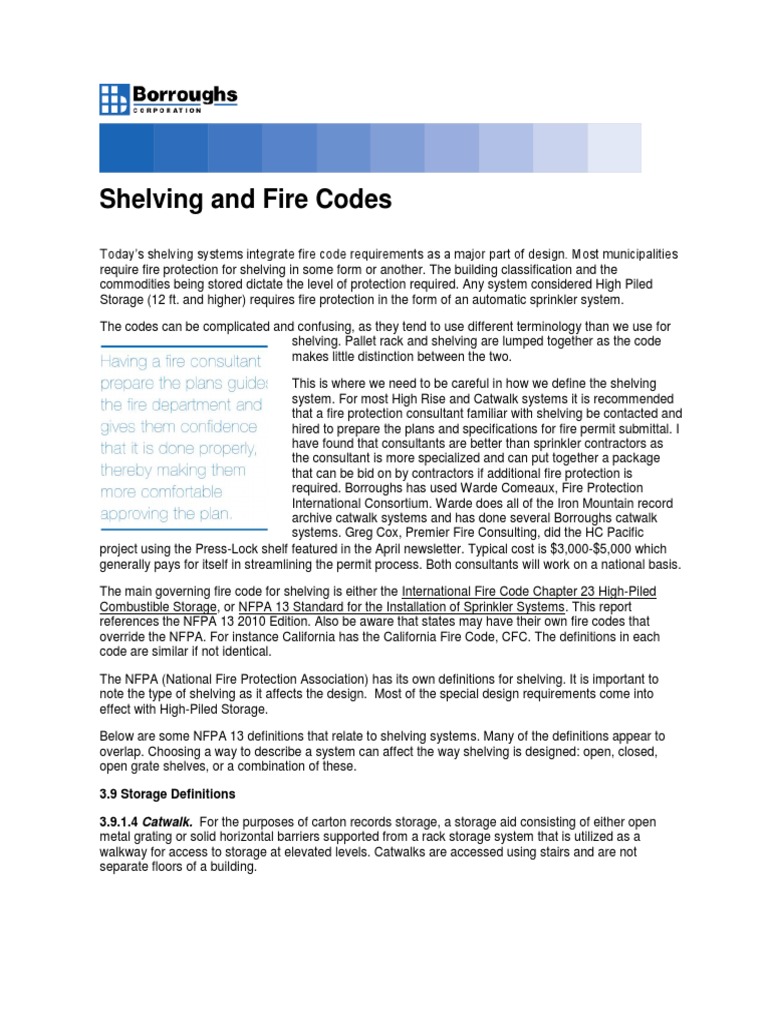 Shelving and Fire Codes: 3.9 Storage Definitions 3.9.1.4 Catwalk ...