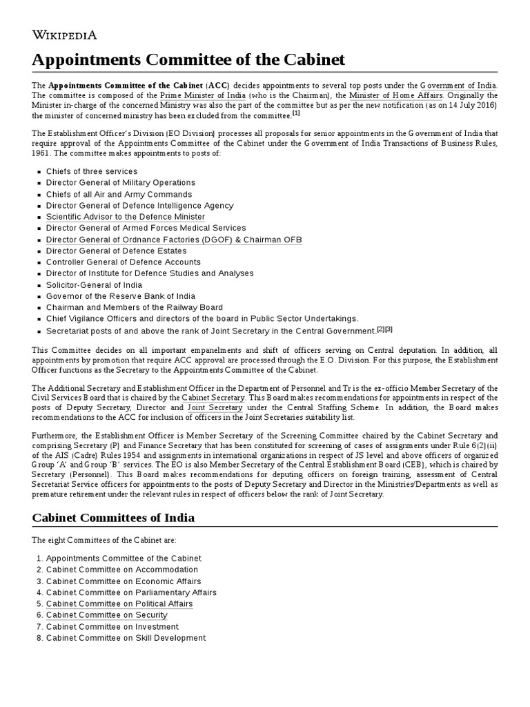 Appointments Committee of The Cabinet | PDF | Government Of India ...