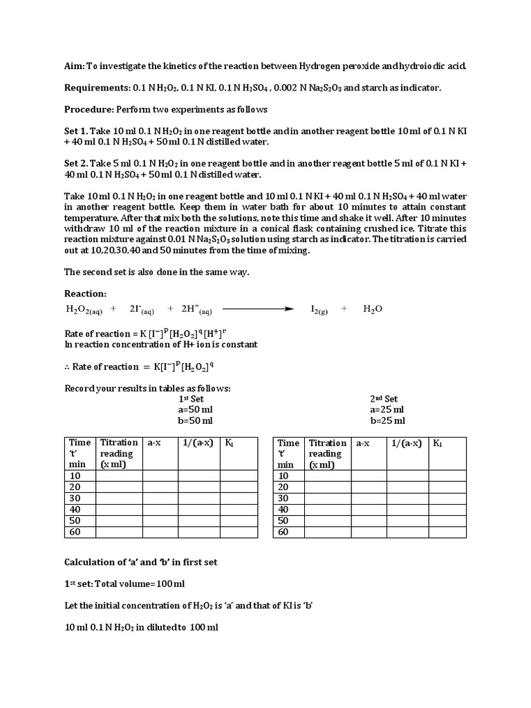 H2O2 vs. KIkinetics Practical | PDF | Hydrogen Peroxide | Titration