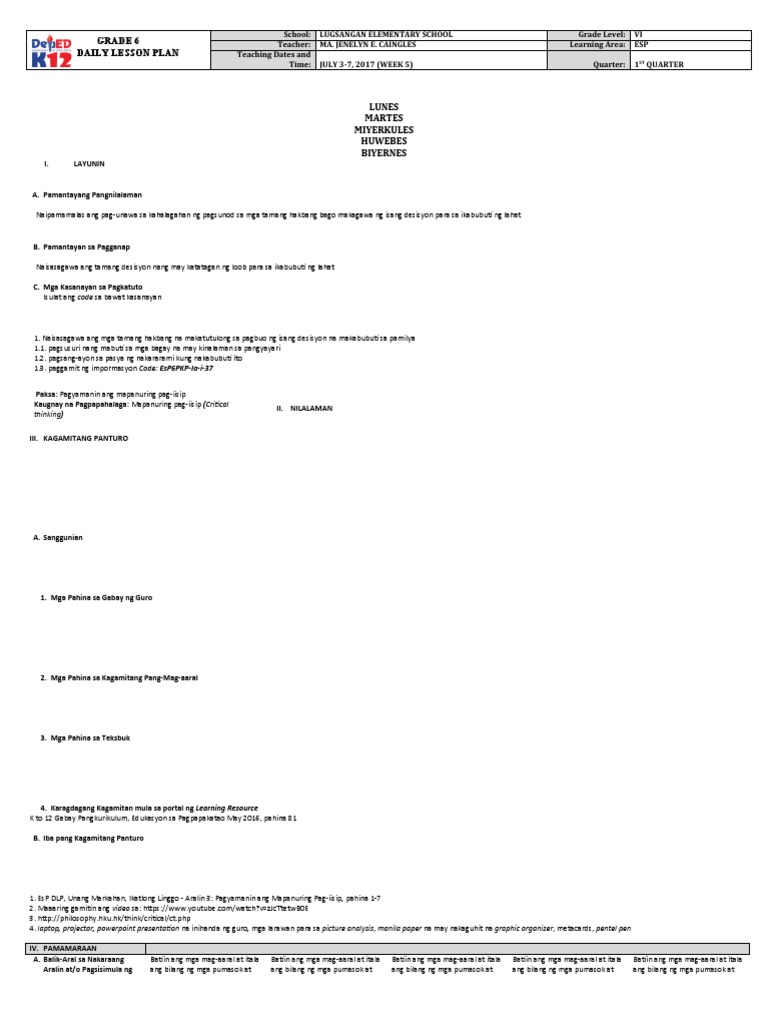 Grade 6 Daily Lesson Plan Lunes Martes M | PDF
