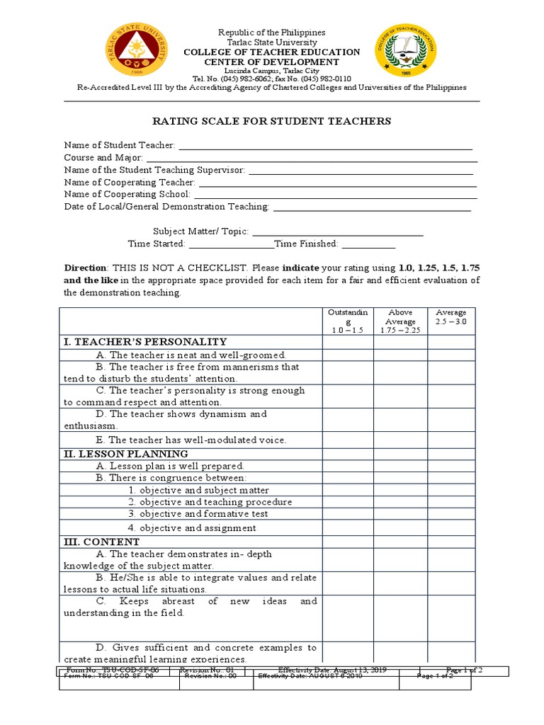 Rating Scale For Student Teachers | PDF | Teaching Method | Teachers