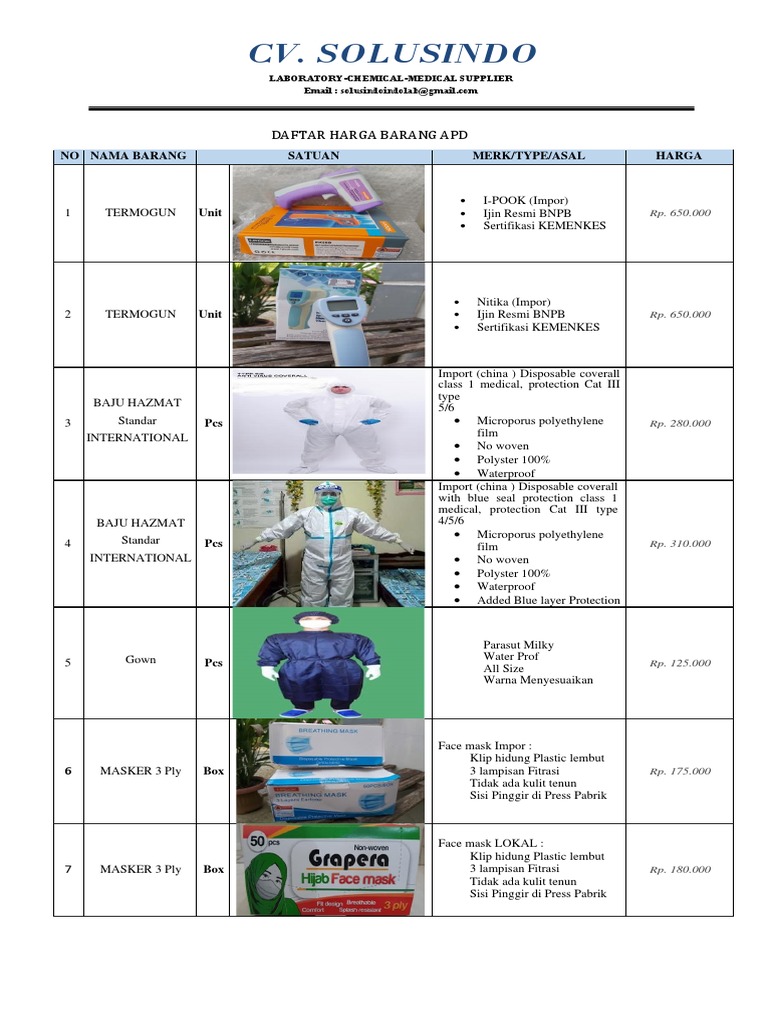 CV SOLUSINDO Lab-Chem-Med Supplier PPE Price List | PDF | Plastic ...