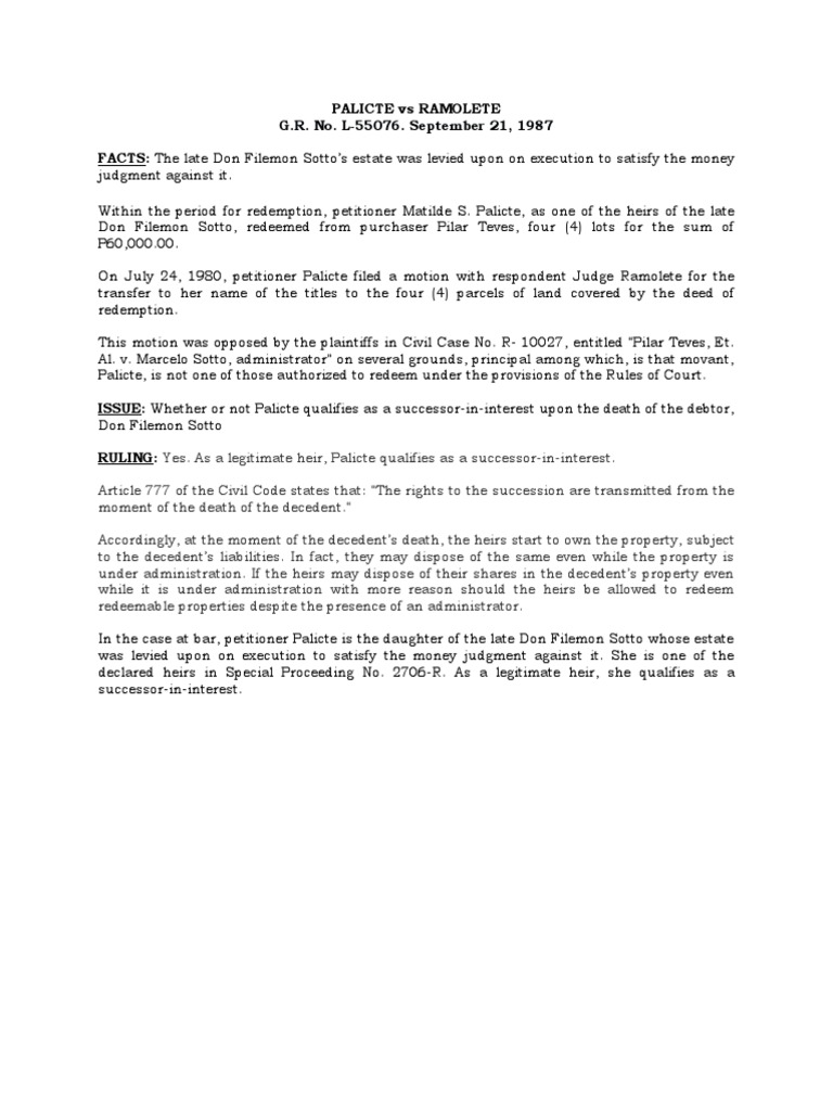 Palicte Vs Ramolete Facts:: G.R. No. L-55076. September 21, 1987 | PDF