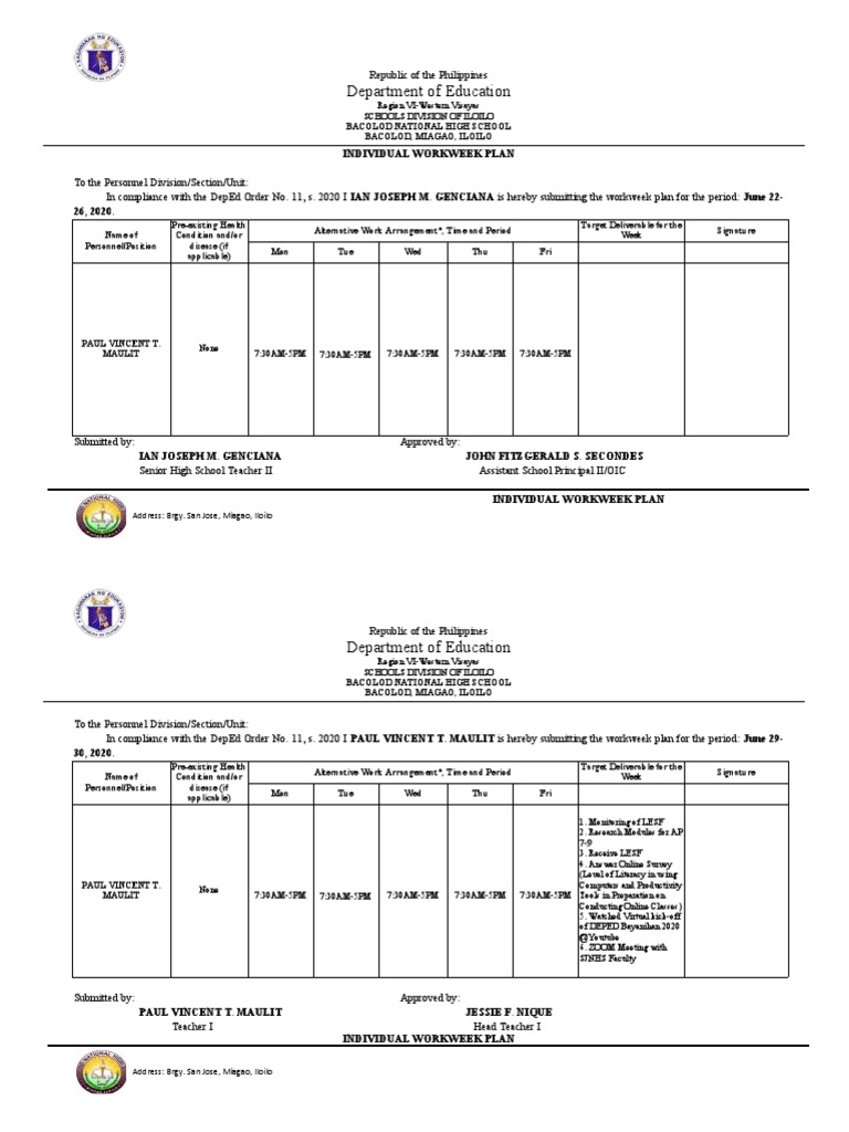 Department of Education: Individual Workweek Plan | PDF | Behavior ...