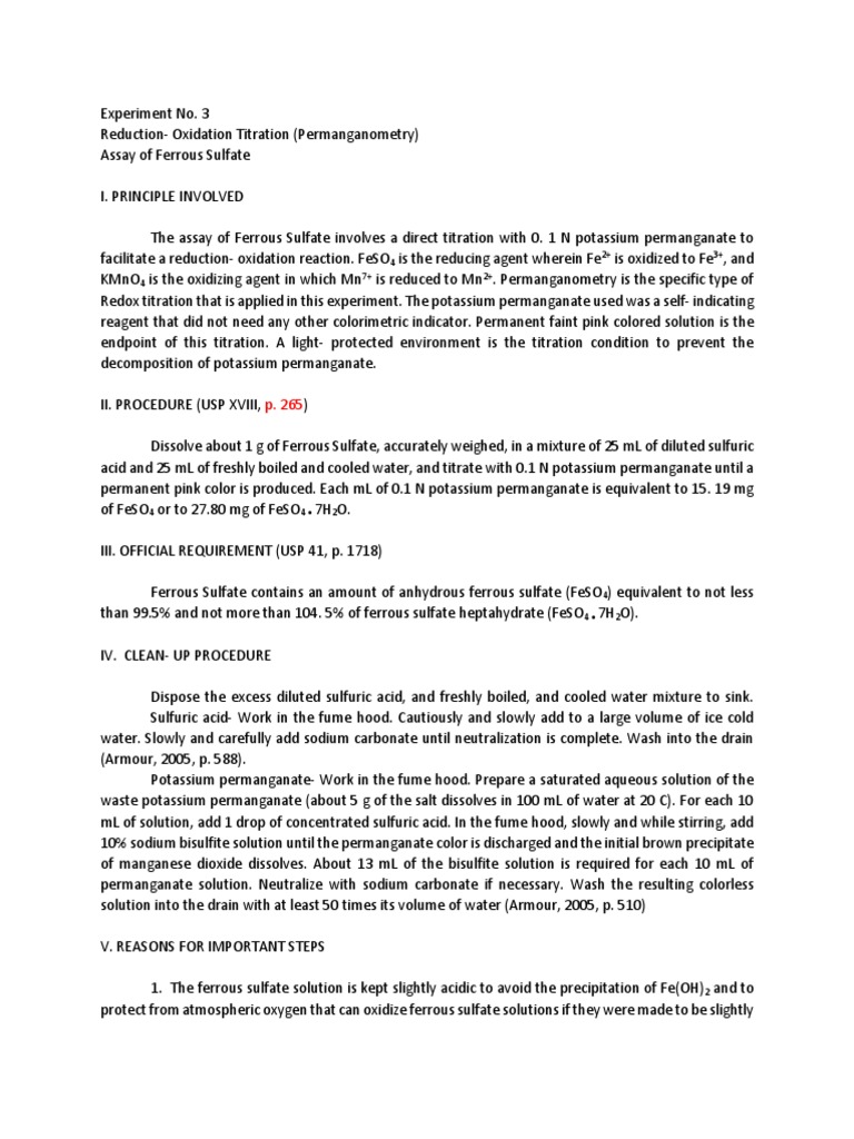 Permanganometry in Ferrous Sulfate Assay | PDF | Redox | Titration