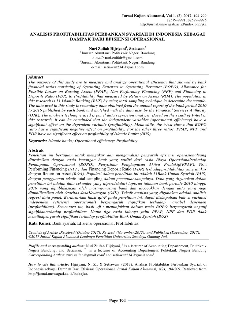 Analisis Profitabilitas Perbankan Syariah Di Indonesia Sebagai Dampak Dari Efisiensi Operasional ...