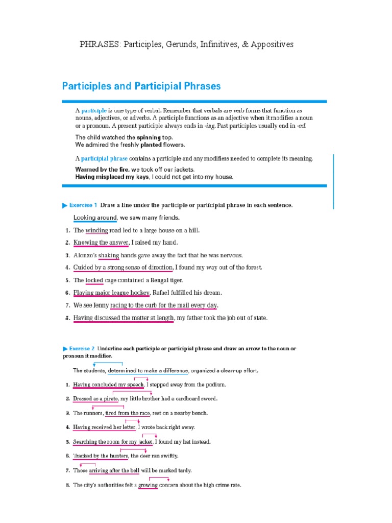 PHRASES: Participles, Gerunds, Infinitives, & Appositives | PDF