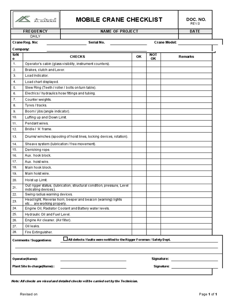 Mobile Crane Checklist: Frequency Name of Project Date | PDF | Crane ...