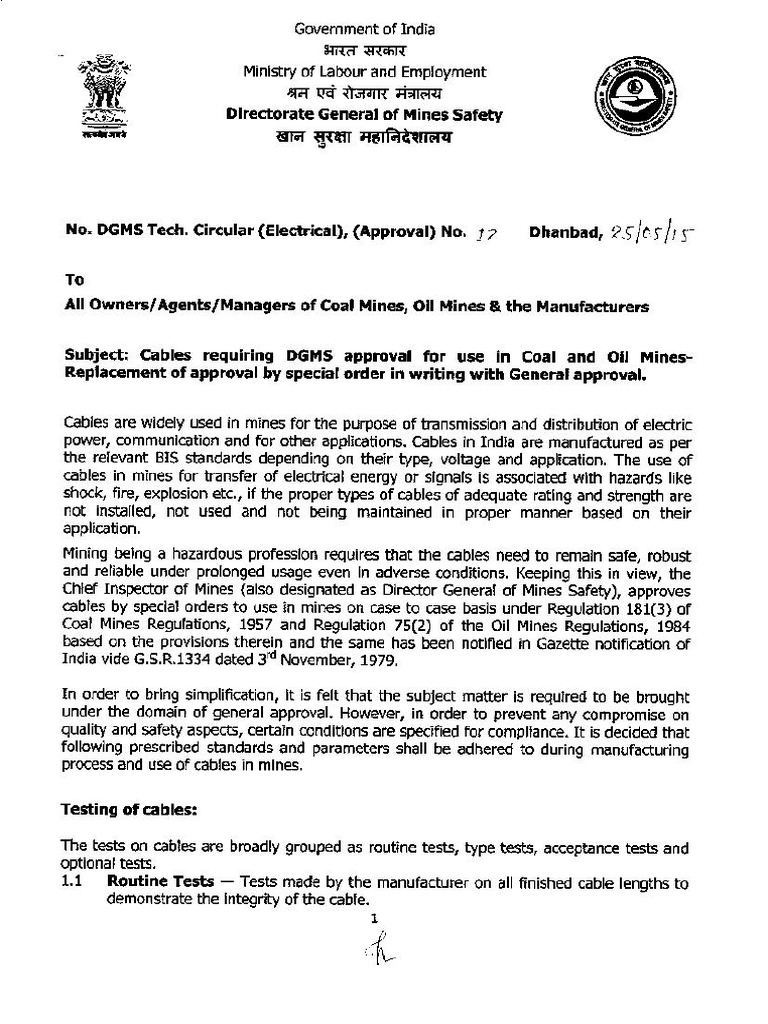 DGMS Tech Circular (Electrical), (Approval) No 12 | PDF