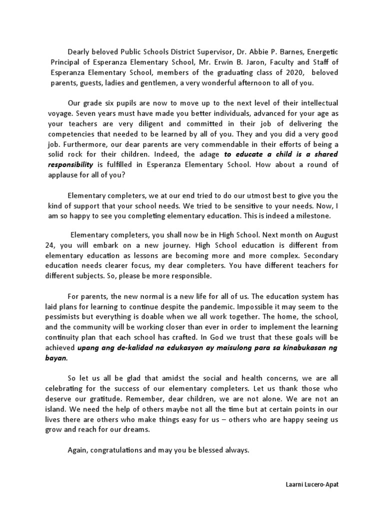 Inspirational Message For Elementary Moving Up Ceremonies | PDF ...