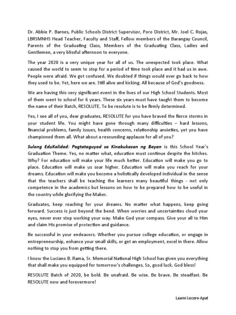 Motivational Speech For Senior High School Graduation Ceremonies | PDF | Cognition | Behavior ...