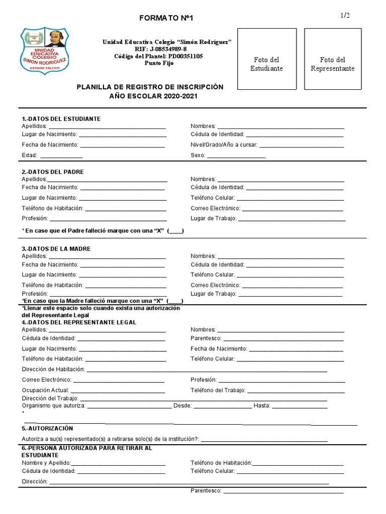 Formulario de inscripción para el Colegio Simón Rodríguez para el año ...