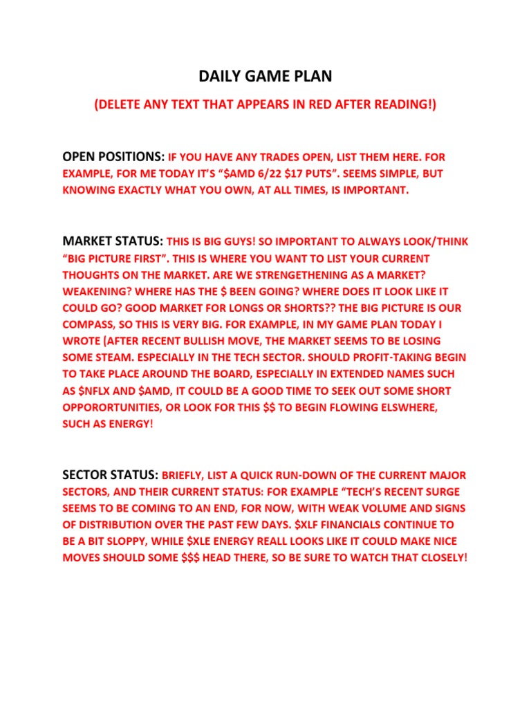 Daily Game Plan Outline