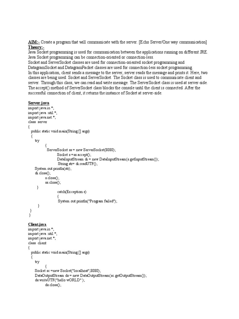 AIM:-Create A Program That Will Communicate With The Server. (Echo Server/One Way Communication ...