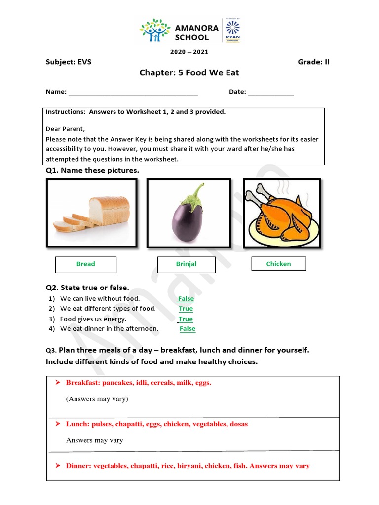 Chapter: 5 Food We Eat: Subject: EVS Grade: II | PDF | Lunch | Meal