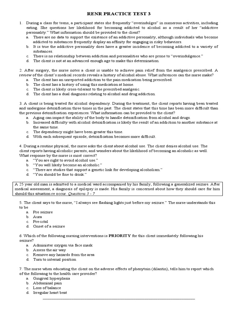 Renr Practice Test 3 Final | PDF | Alcoholism | Substance Dependence