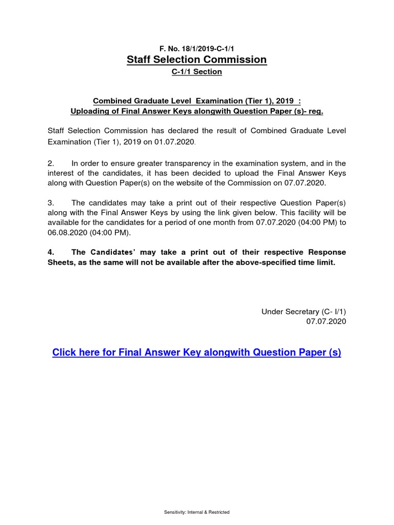Staff Selection Commission: Click Here For Final Answer Key Alongwith ...